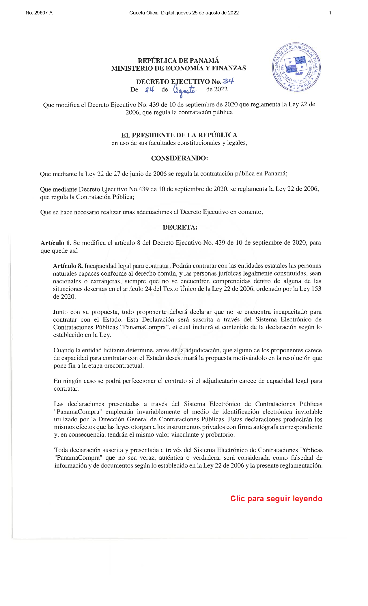 DECRETO EJECUTIVO NO. 34 QUE REGLAMENTA LA LEY 22 DE 2006 SOBRE LA ...